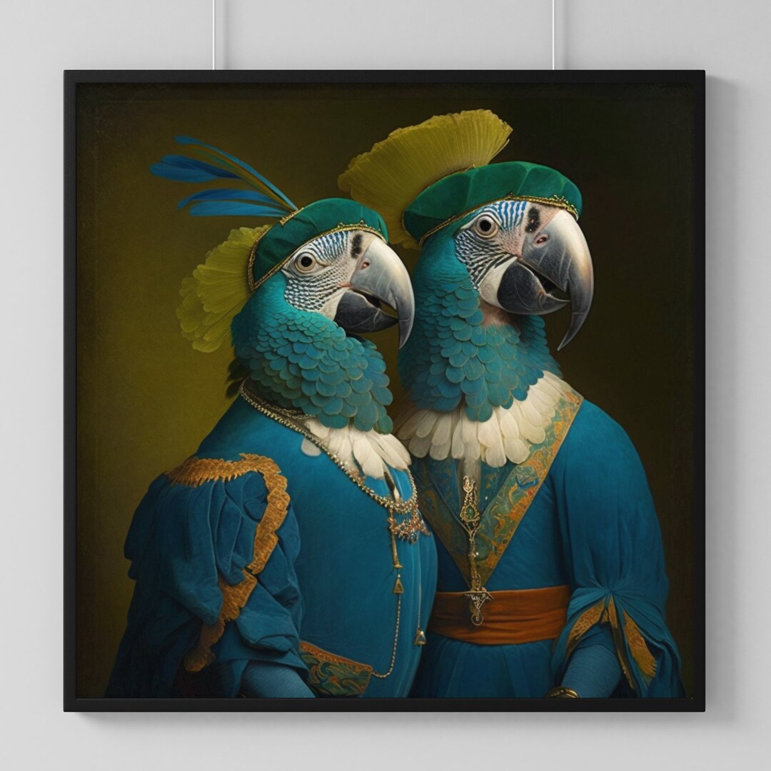 Spixs Macaw Couple Portrait Dark Painting, Dark Academia Decor, LGBT ...