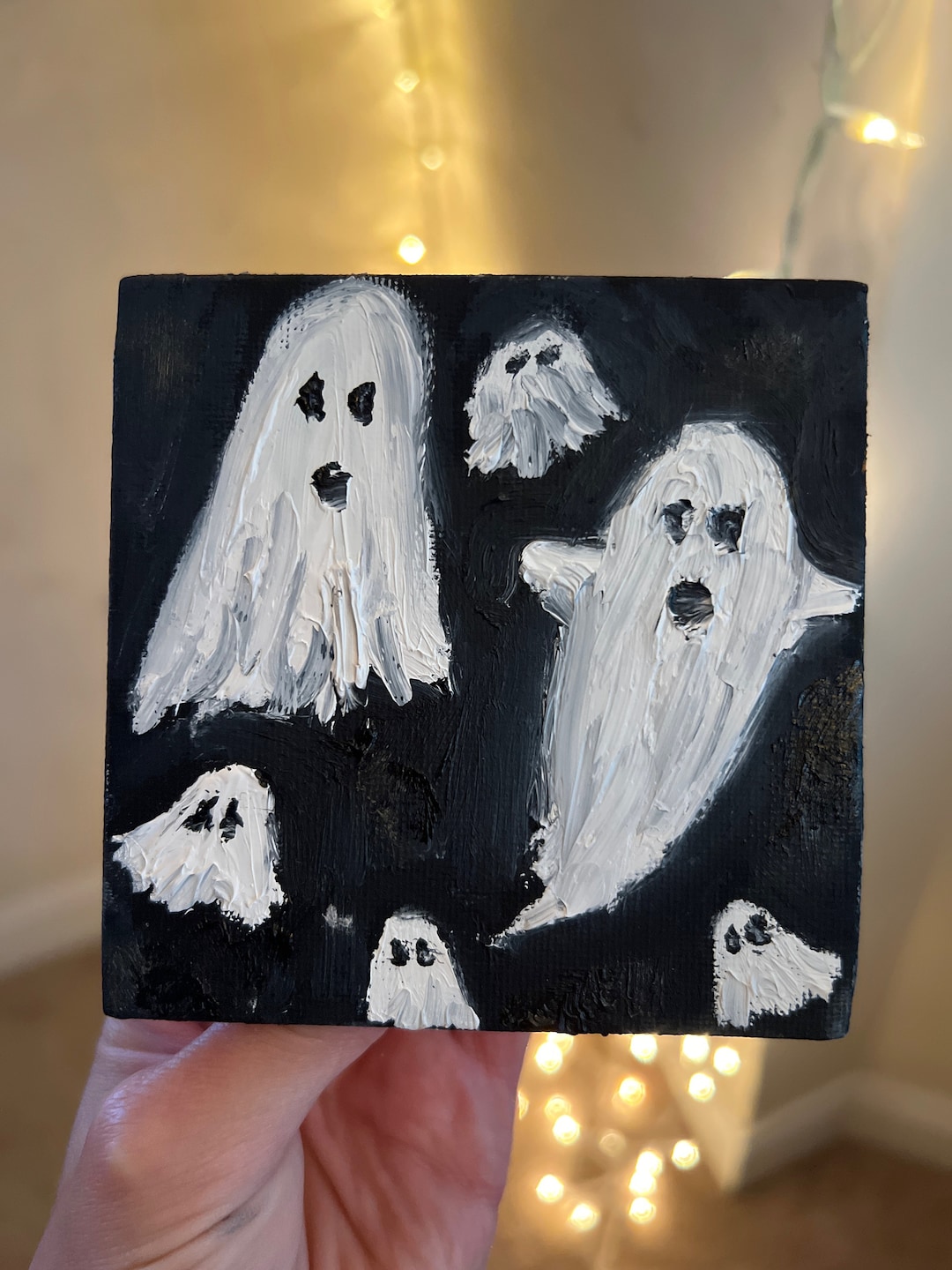 Ghosts Handmade Oil Painting, Original White Plant Texture Art on Black ...