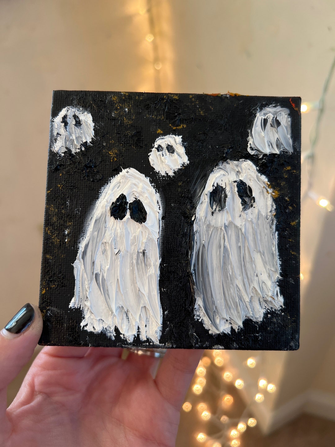 Ghosts Handmade Oil Painting, Original White Plant Texture Art on Black ...
