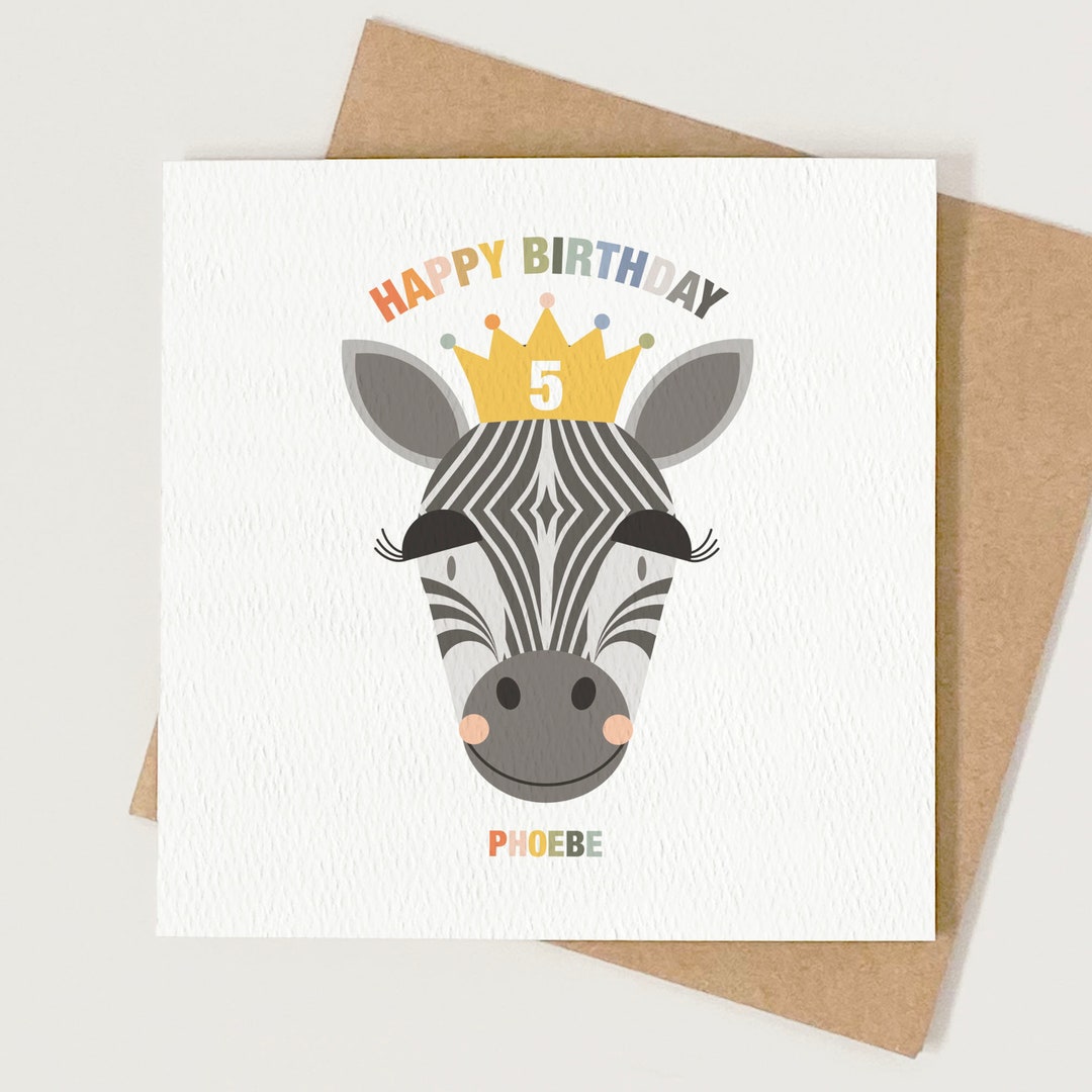 Girls Princess Zebra Birthday Card Childrens Safari Animal Celebration ...