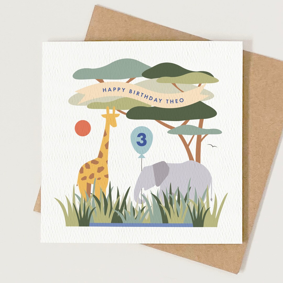 Childrens Safari Birthday Card Kids Jungle Theme Celebration Card ...