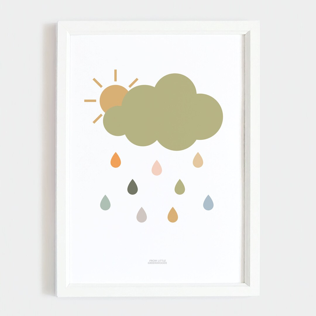 Children's Cloud Print Weather Poster Green Raindrops Wall Art Muted ...