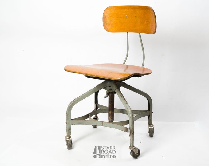 Vintage Industrial Rolling Chair, Adjustable Height, Backrest, Steel ...