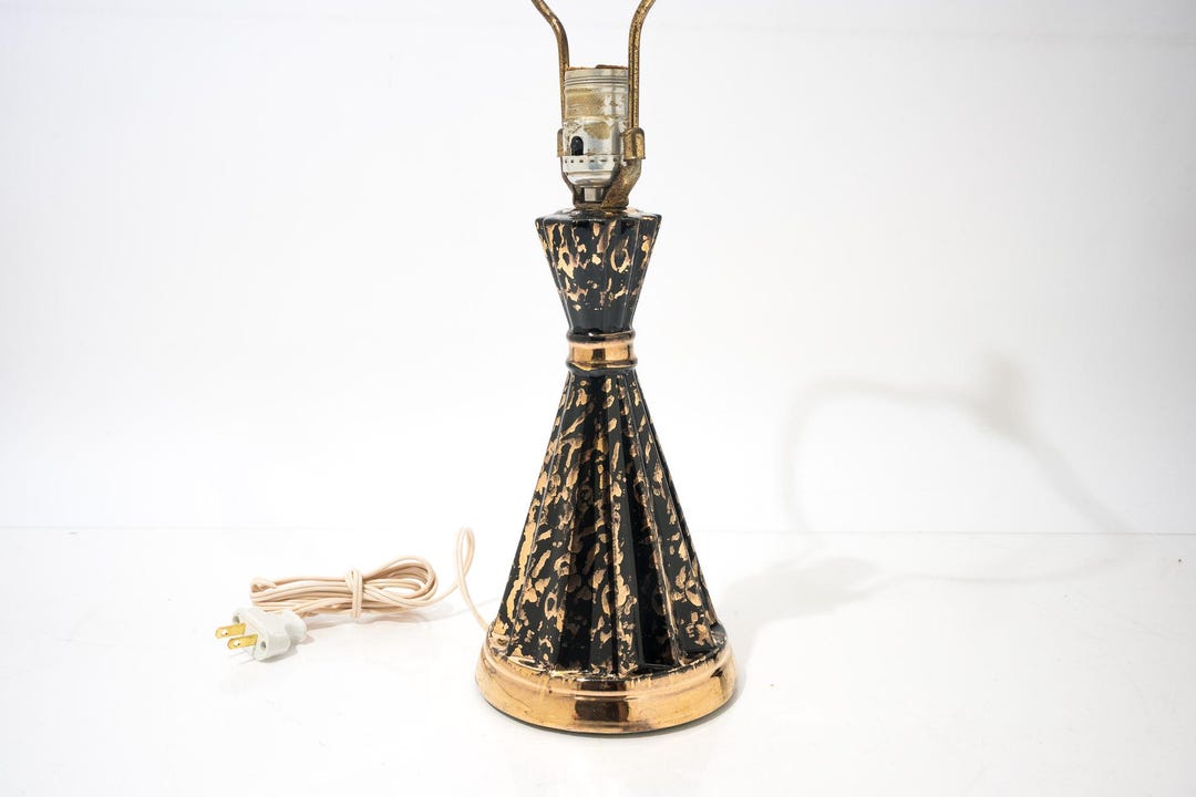 Vintage Mid Century Black Gold Splatter Ceramic Table Lamp Boudoir MCM ...