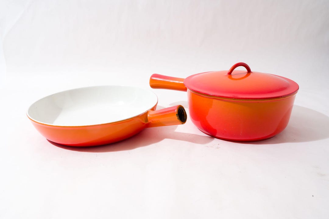 Vintage Descoware Enameled Cast Iron Sauce Pan or 10" Frying Pan, Flame ...