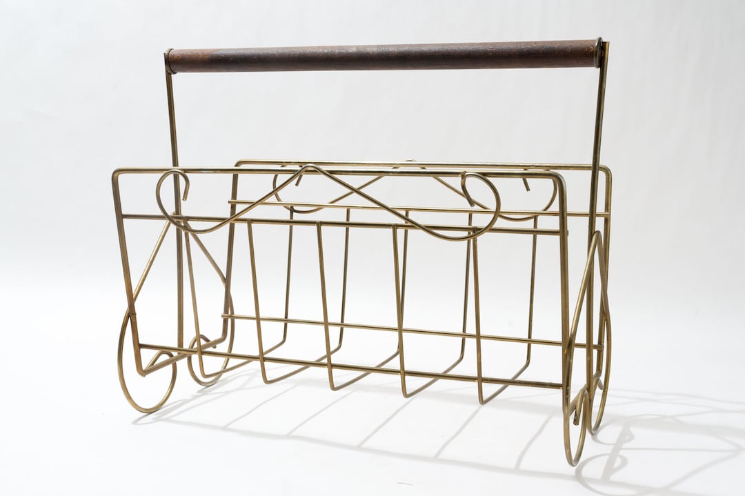 Retro Wire Magazine Rack With Wood Handle, Vintage Mid Century ...