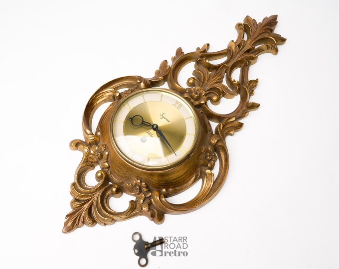 Vintage Syroco Eight Day Clock With Key, Gold Color, Hollywood Regency ...