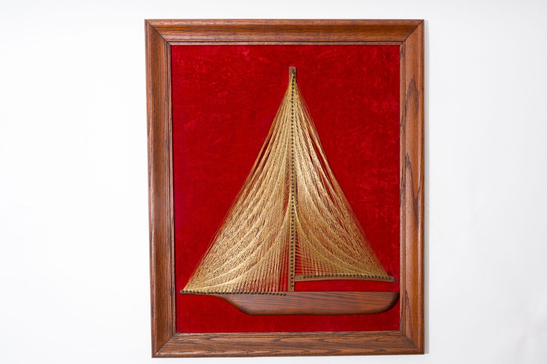 Vintage String Art Sailboat, Framed Wall Art, Handcrafted, Gold and Red, Walnut, 1970s - Etsy