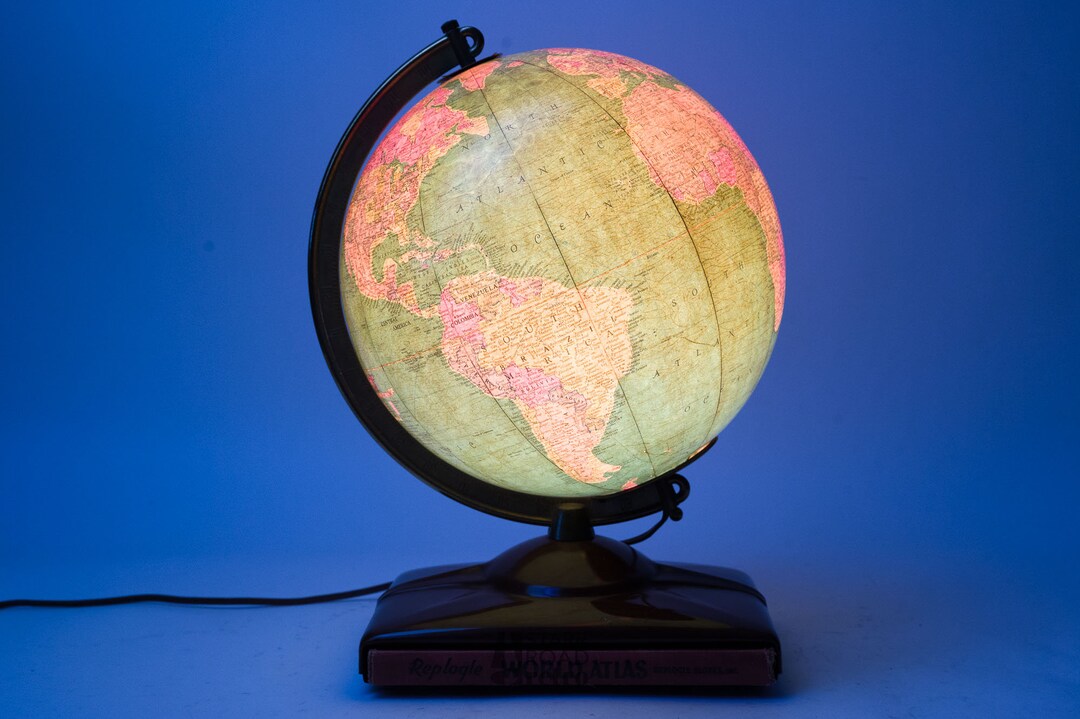Vintage Replogle 10 Library Globe With Atlas Base, Lamp, Light up Globe ...