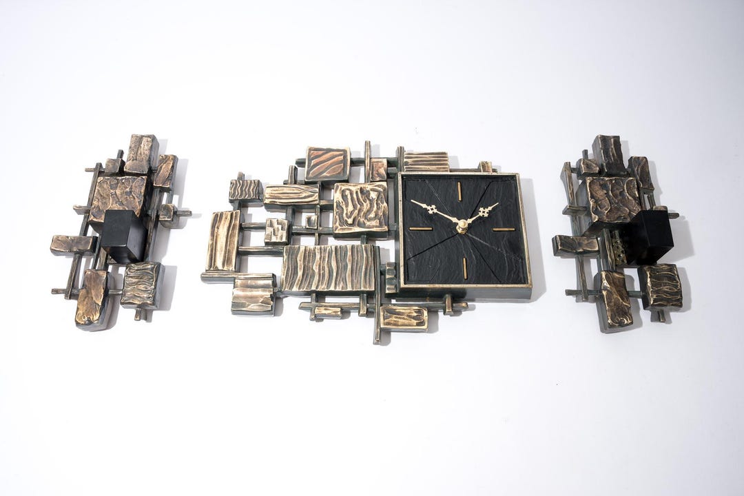 Vintage Mid Century Brutalist Wall Clock by Syroco and Two Candle ...