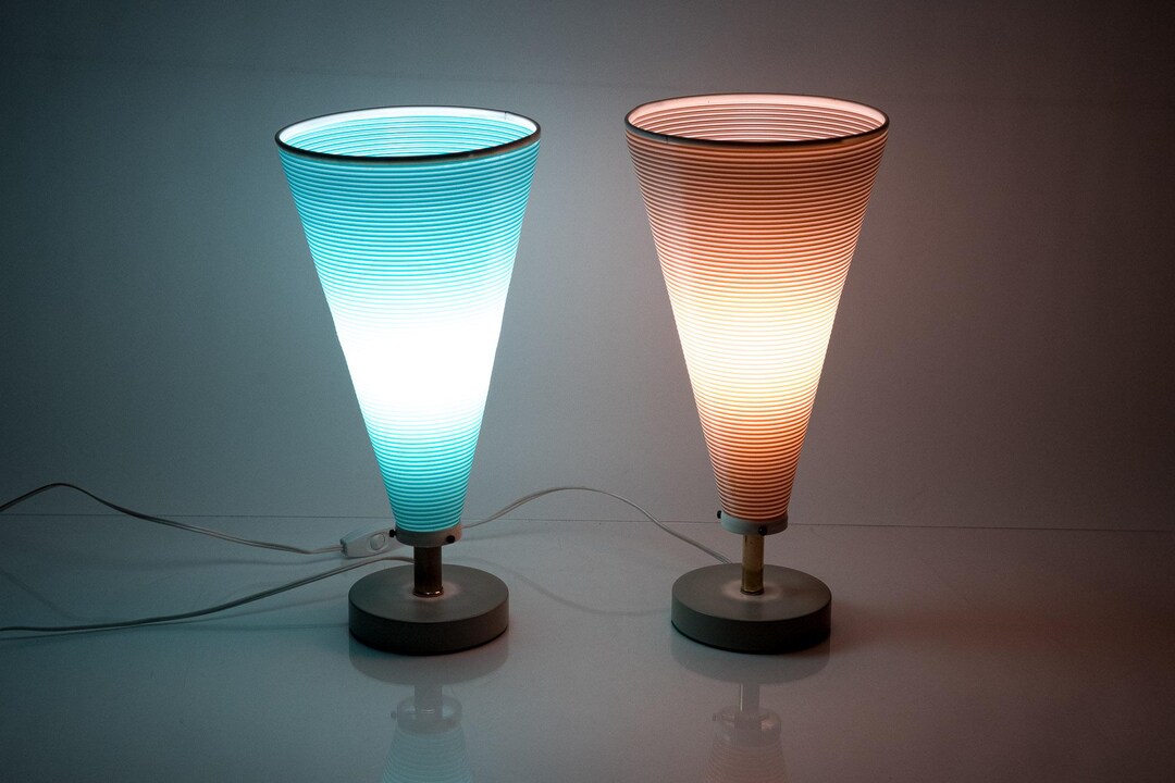 Mid Century Lightolier Ribbed Cone Table Lamps Turquoise Tan Atomic ...