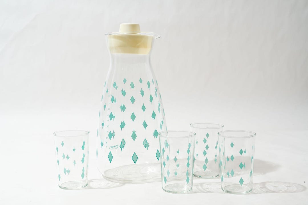 MCM Pyrex Juice Carafe Set, Turquoise Diamonds and Starbursts, Pitcher ...