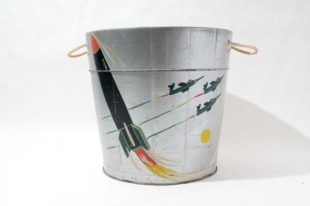 Vintage Handprinted Rocket Bucket, Garbage Can, Outer Space - Etsy