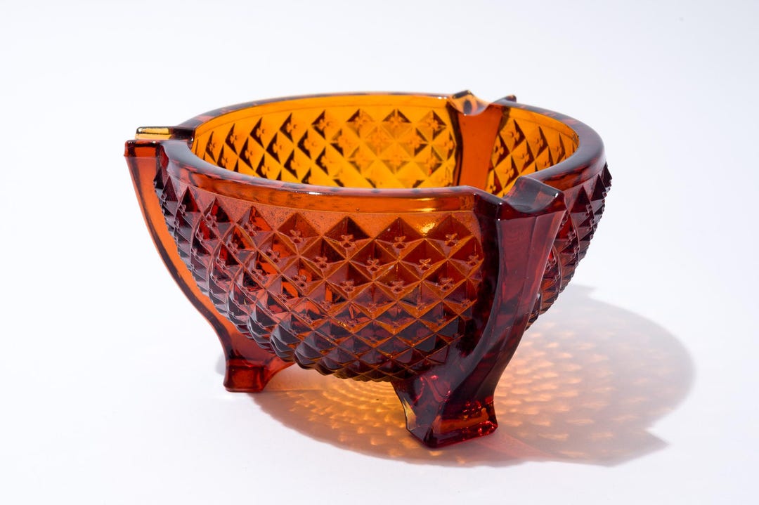 Midcentury Glass Ashtray, Diamond Pattern, Round, Rootbeer, L.E. Smith ...