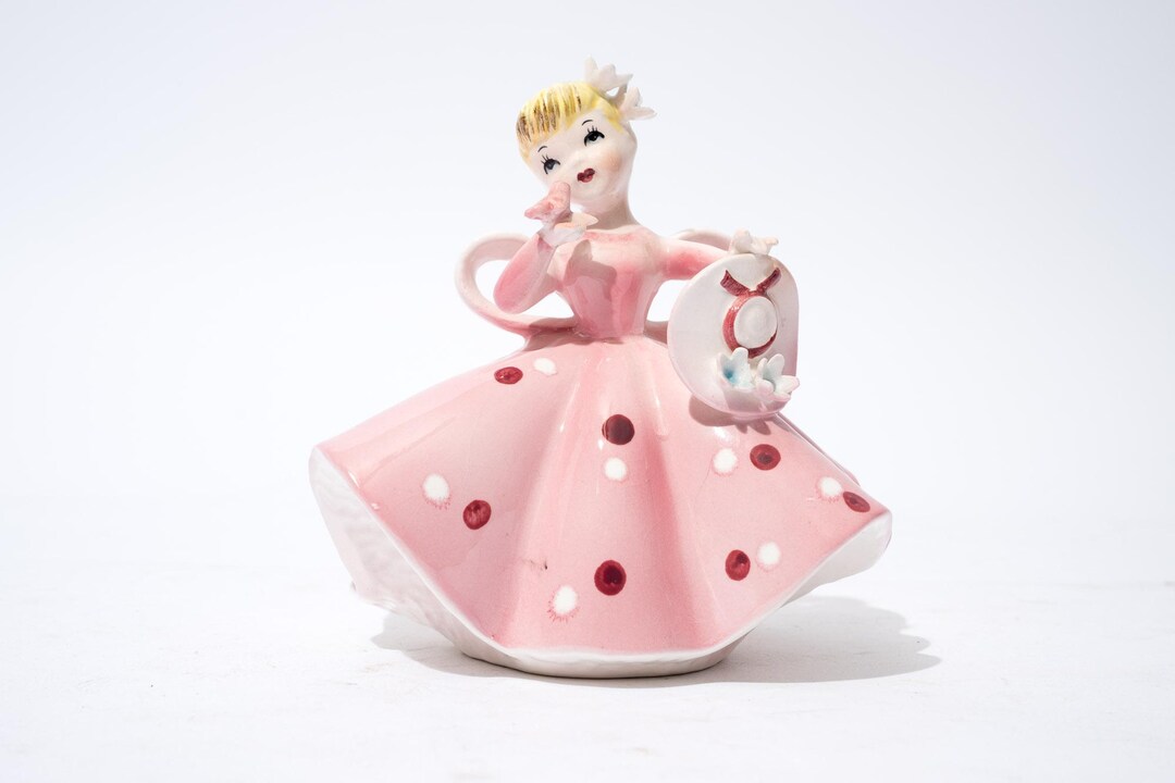 Vintage Lefton Figurine, Girl With Bird, Pink With Polka Dots, Big Bow ...