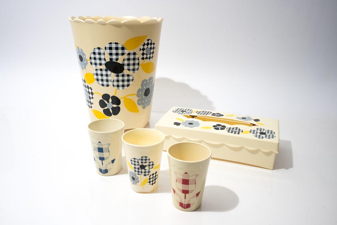 Midcentury Bathroom Set, Garbage Can, Cups and Tissue Box, Gingham ...