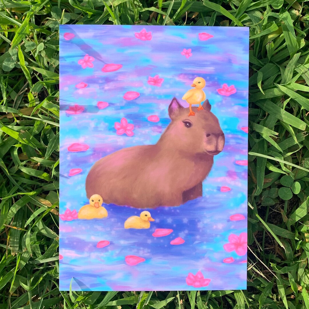 Capybara & Ducks Print 5x7, Cute Animal Art, Wildlife Art, Kawaii Wall ...