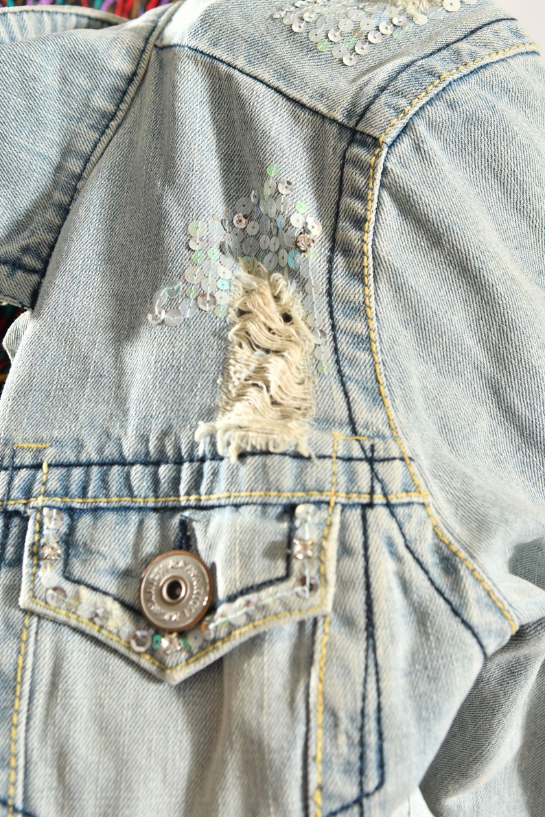 Cropped Light Wash Distressed Denim Jacket with Sequins/ Z. | Etsy