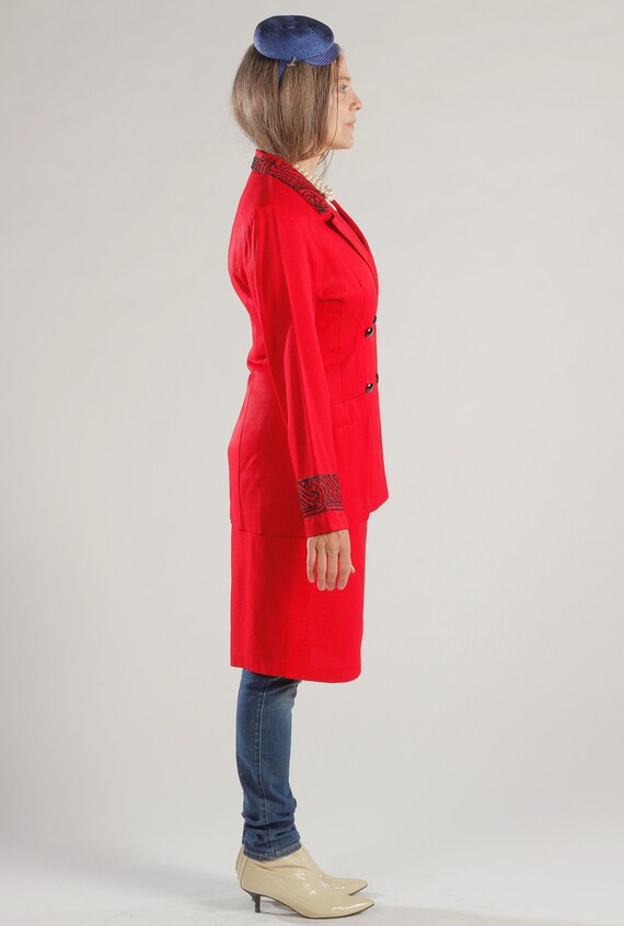 lew magram/ 80s Work Suit/ Red Blazer with Black Bead… - Gem