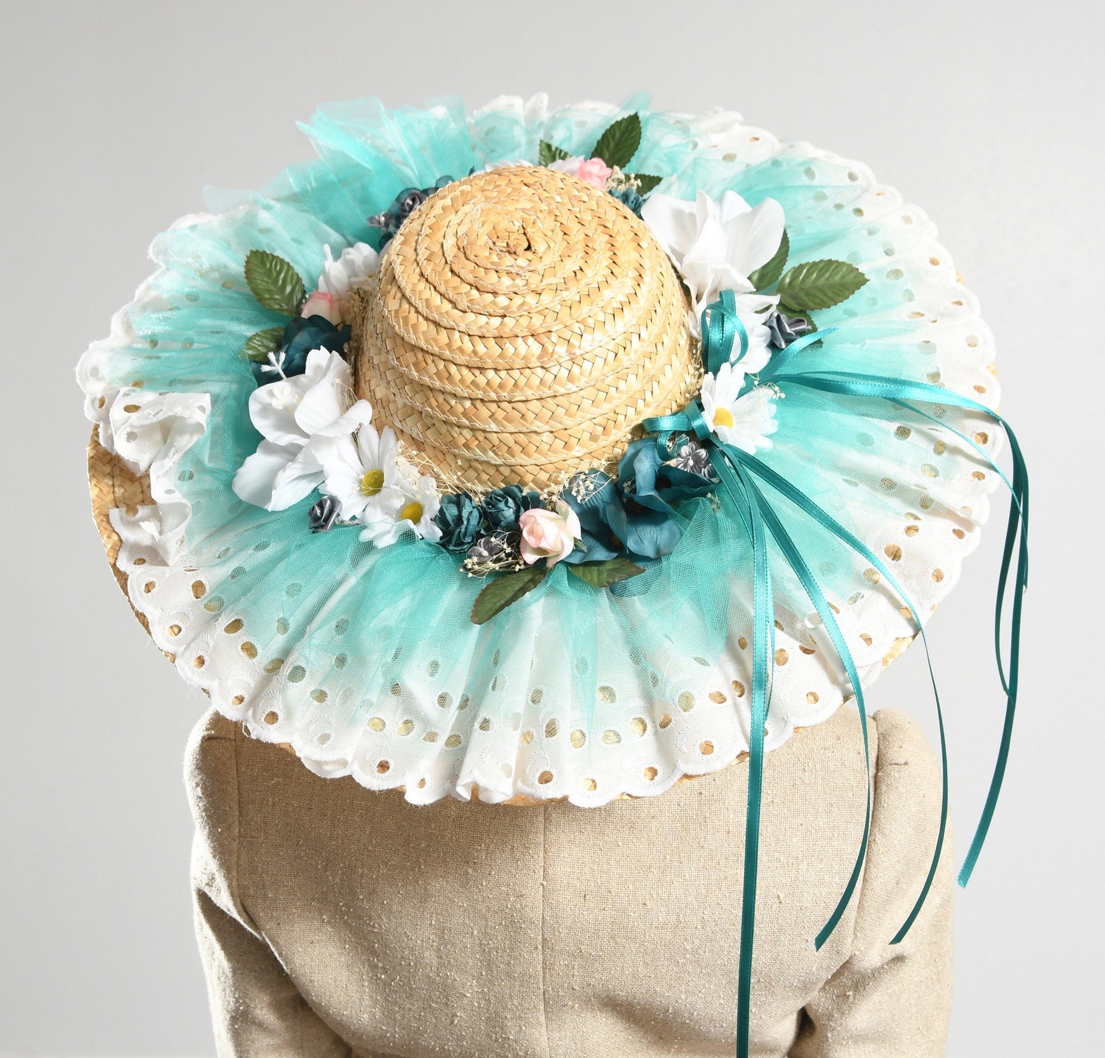 Wide Straw Brim Hat/ Edwardian Straw Hat/ Straw Hat With Blue | Etsy