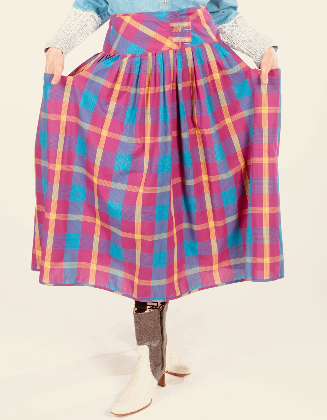 80's Plaid Skirt/ Plaid Cotton Skirt/ Full Plaid Skirt/ Madras Skirt ...