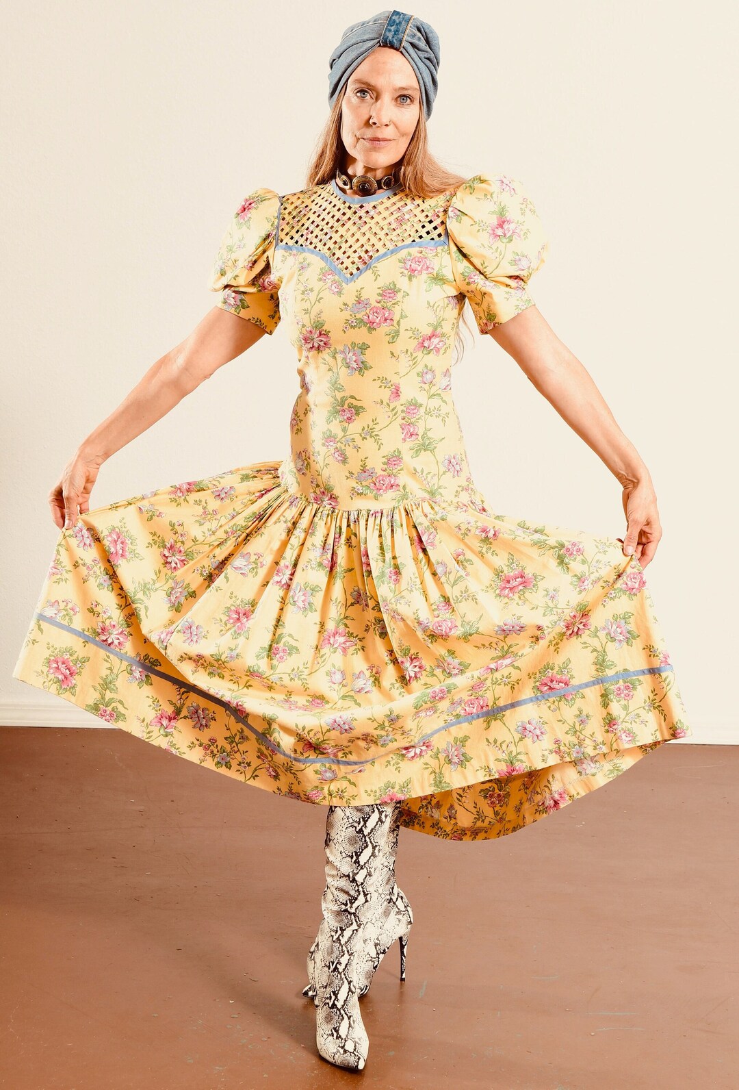 Go Vicki! / 80's Floral Puff Sleeve Drop Waist Dress/ Yellow Floral ...
