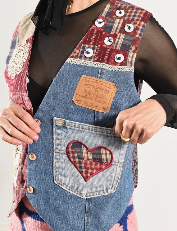 Levi Altered Patchwork Denim Vest, Wearable Art, Folk… - Gem
