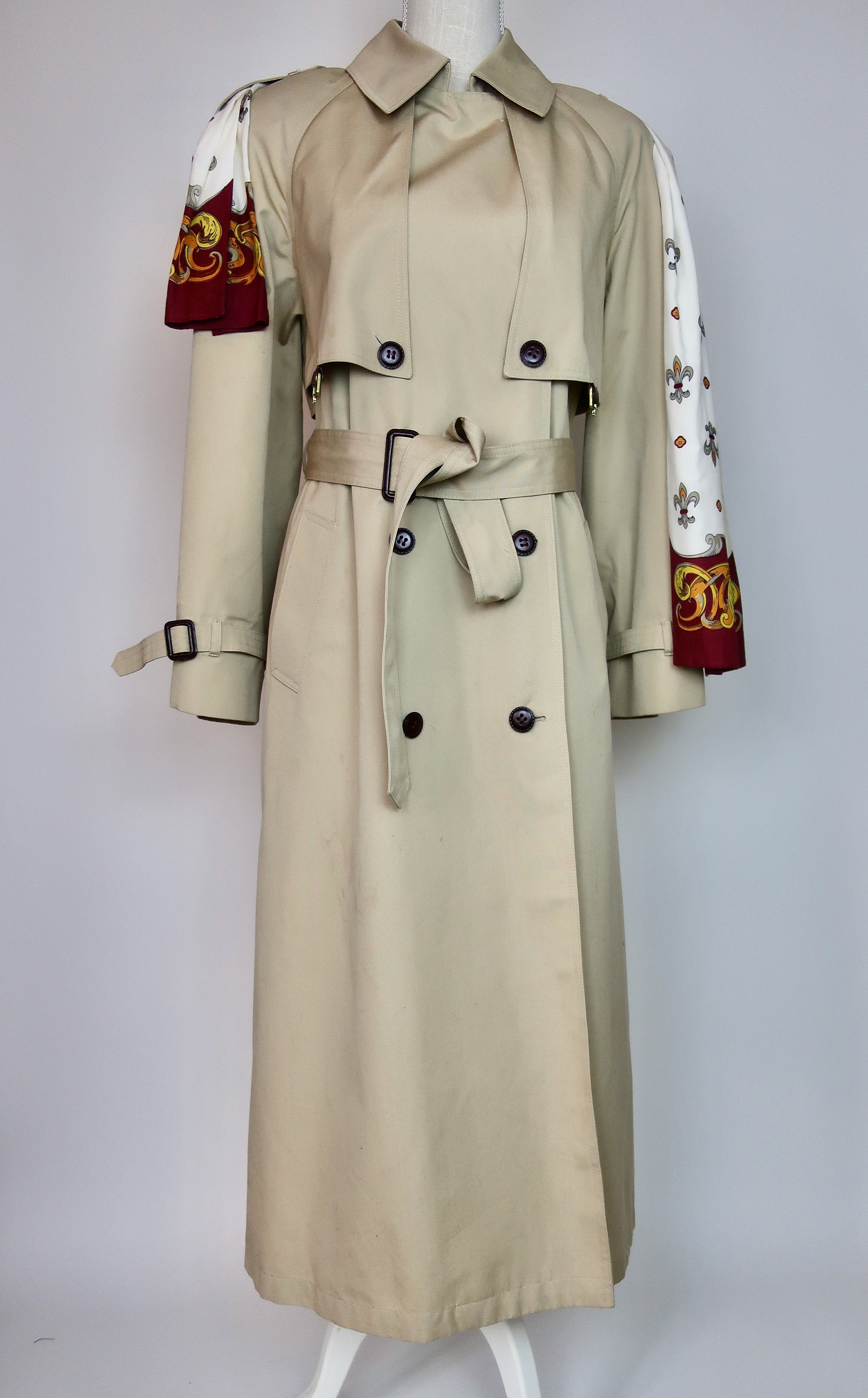Classic 70's Trench Coat With Attached Scarf, Double Classic 70's Trench Coat With Attached Scarf, Double