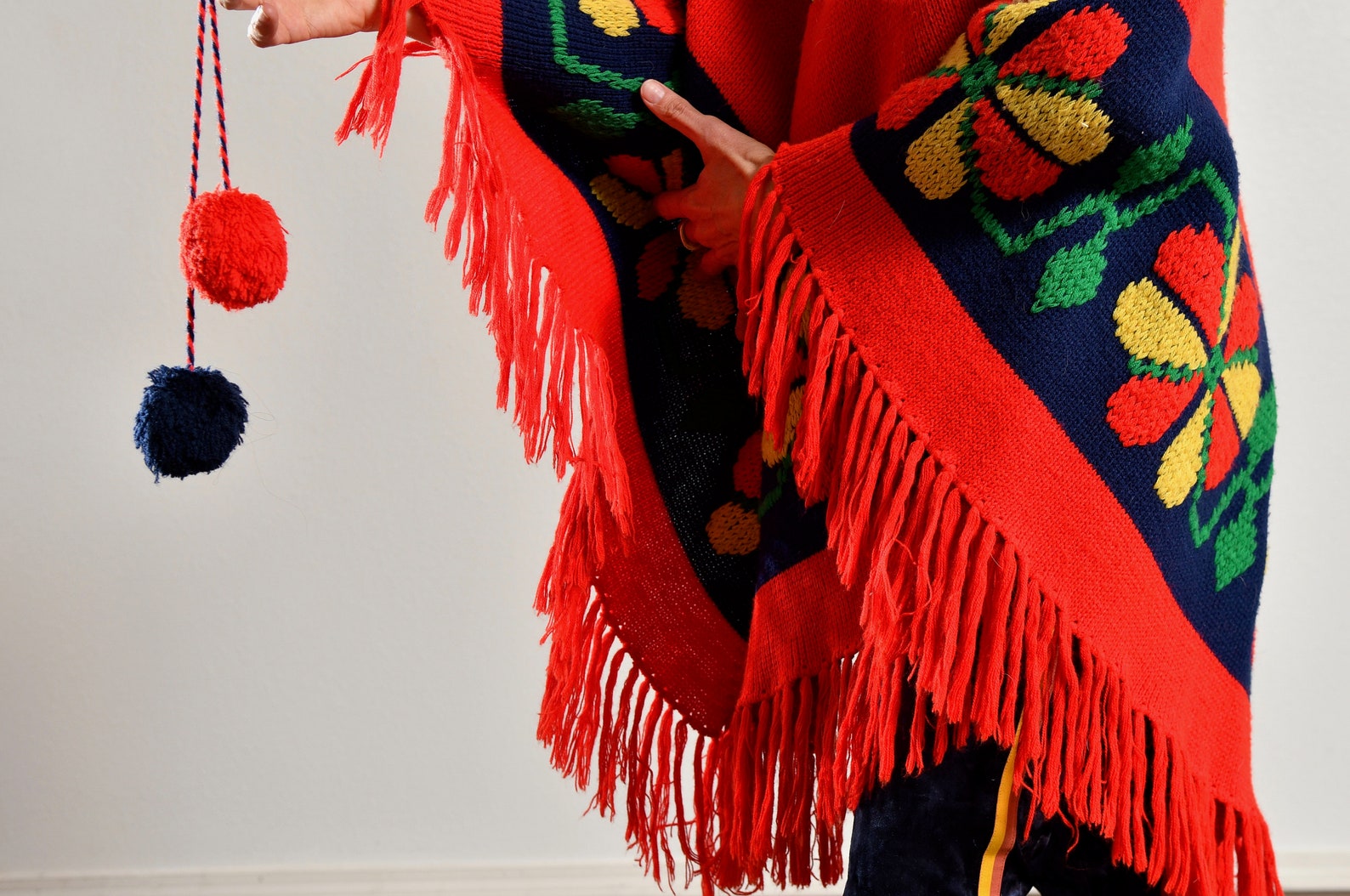 70's Poncho With Pompoms/ Vintage Poncho With Pompoms/ - Etsy