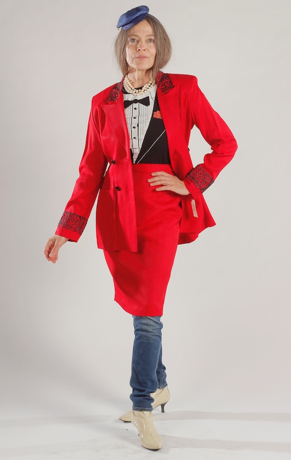 lew magram/ 80s Work Suit/ Red Blazer with Black Bead… - Gem