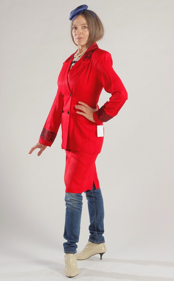 lew magram/ 80s Work Suit/ Red Blazer with Black Bead… - Gem
