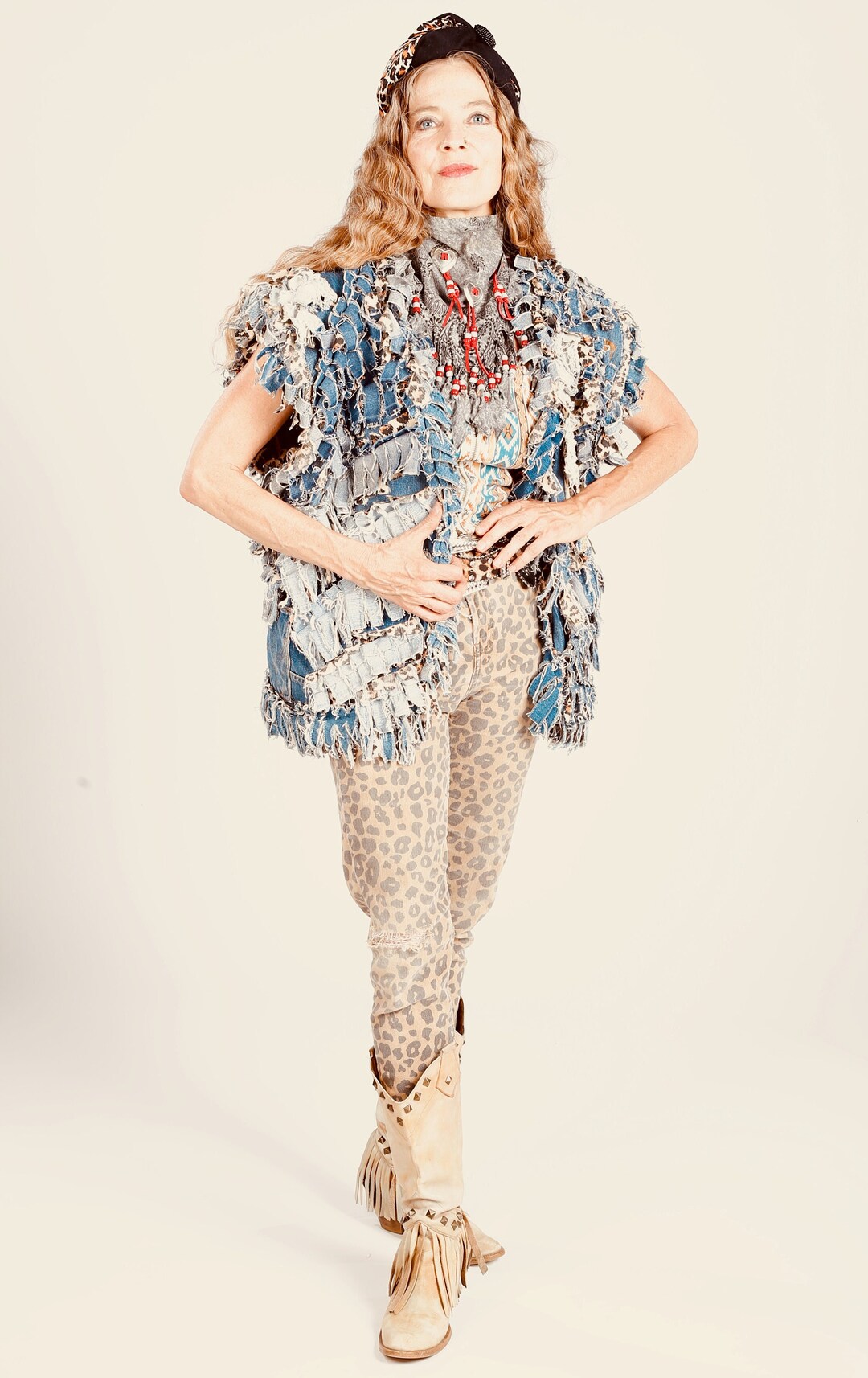 Denim Rag Vest/ Denim Fringe Vest/ Leopard Print Fringe Vest/ Denim ...