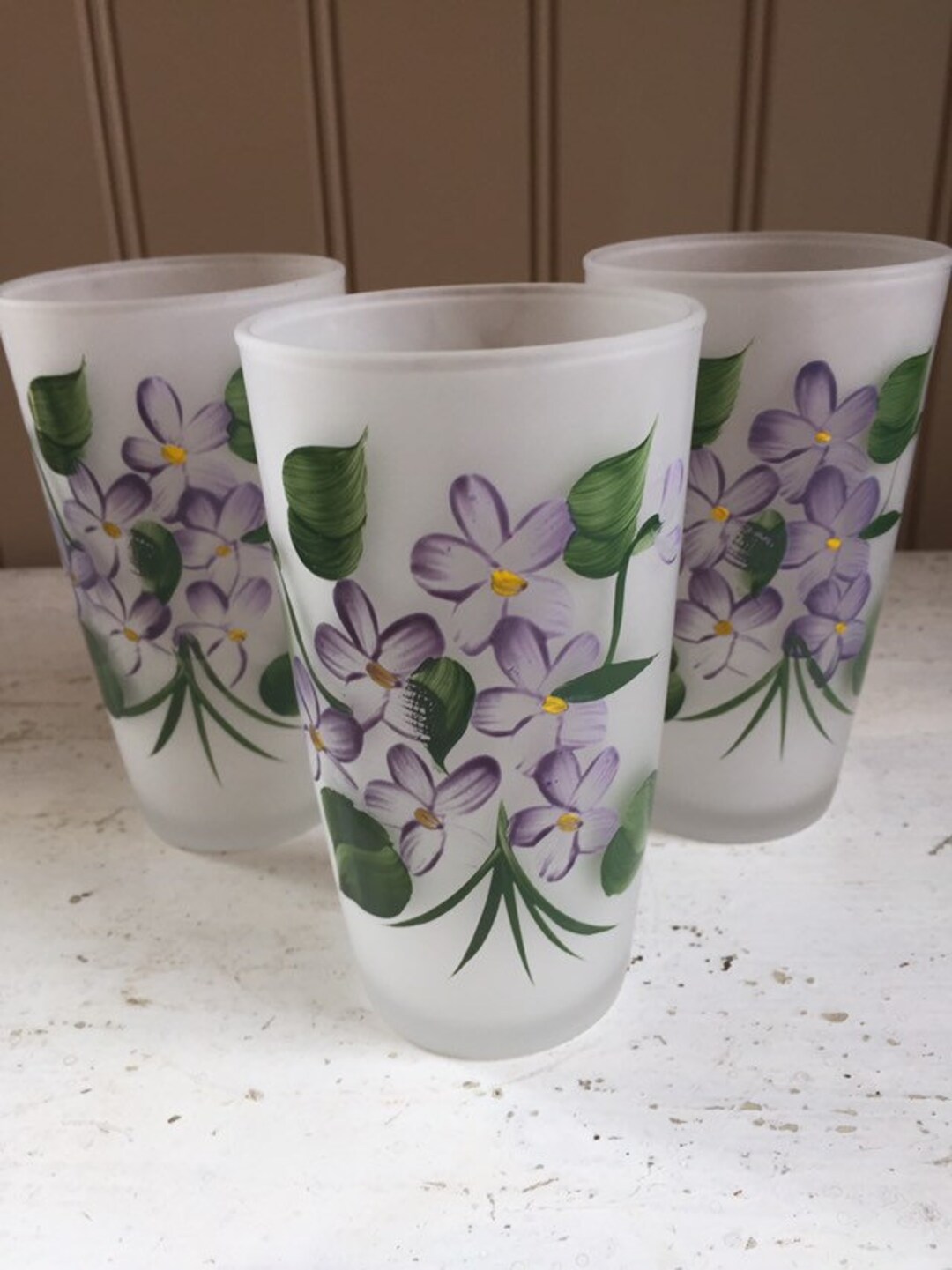 Hand Painted Violets Frosted Glasses Set of 4 - Etsy