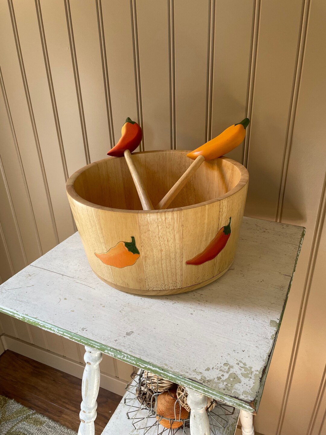 Clay Art Large Wooden Chili Themed Salad Bowl With Servers - Etsy