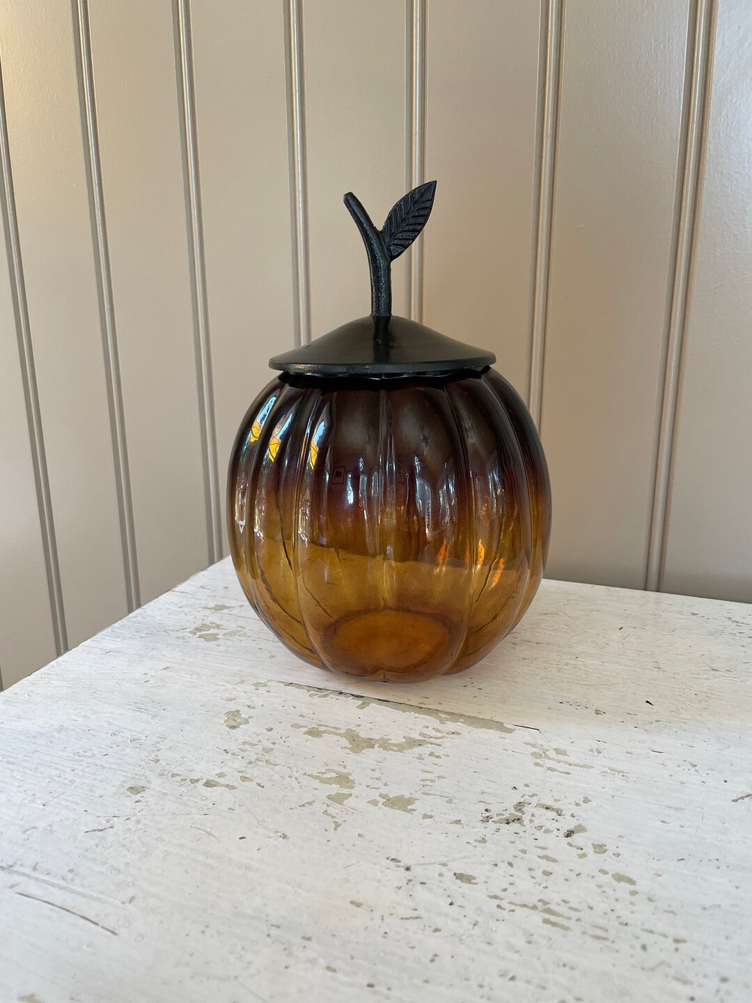 Amber Glass Pumpkin With Metal Lid Blown Ombré Glass Canister - Etsy