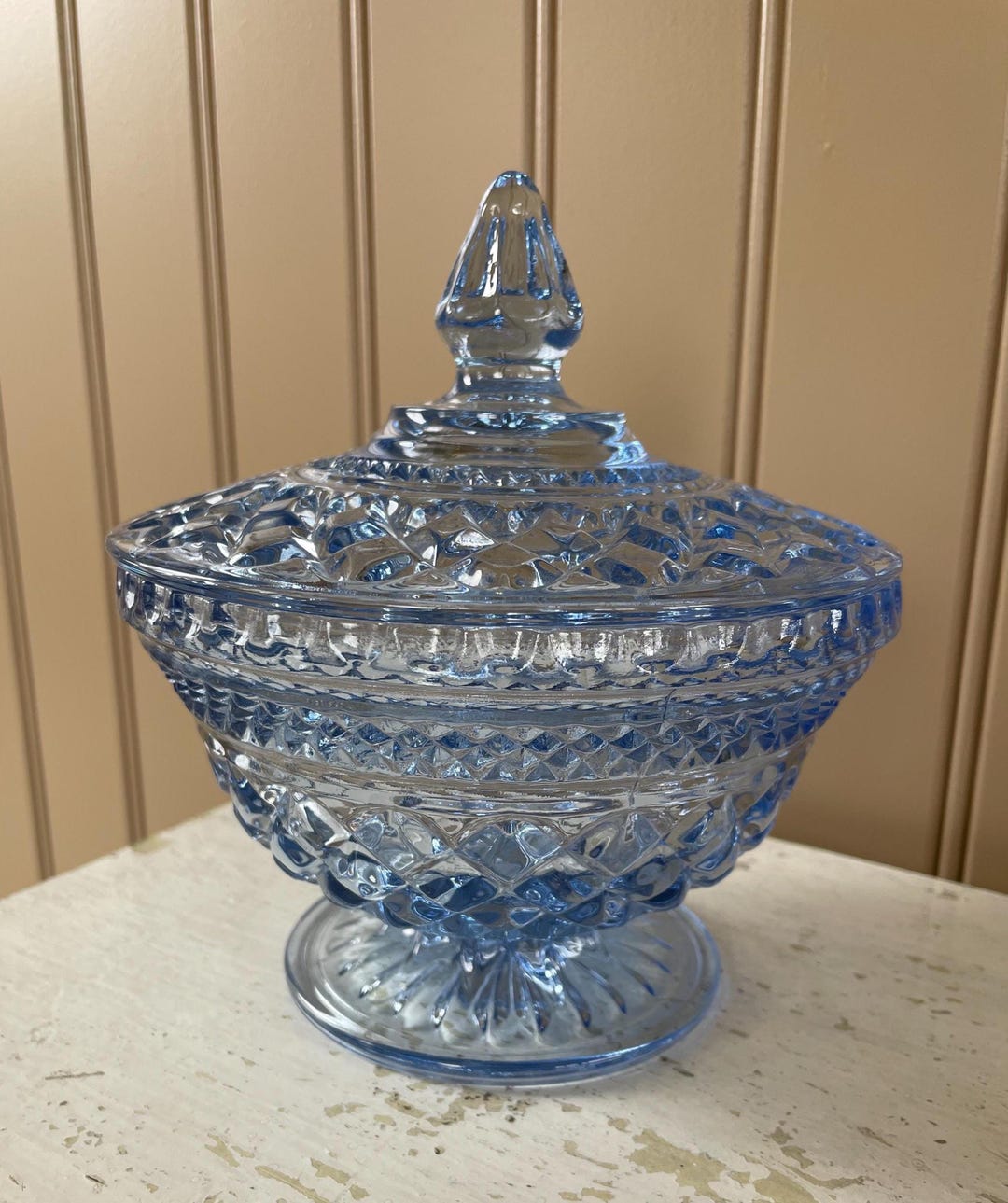 Wexford Light Blue Pressed Glass Candy Dish With Lid Anchor Hocking Mid ...
