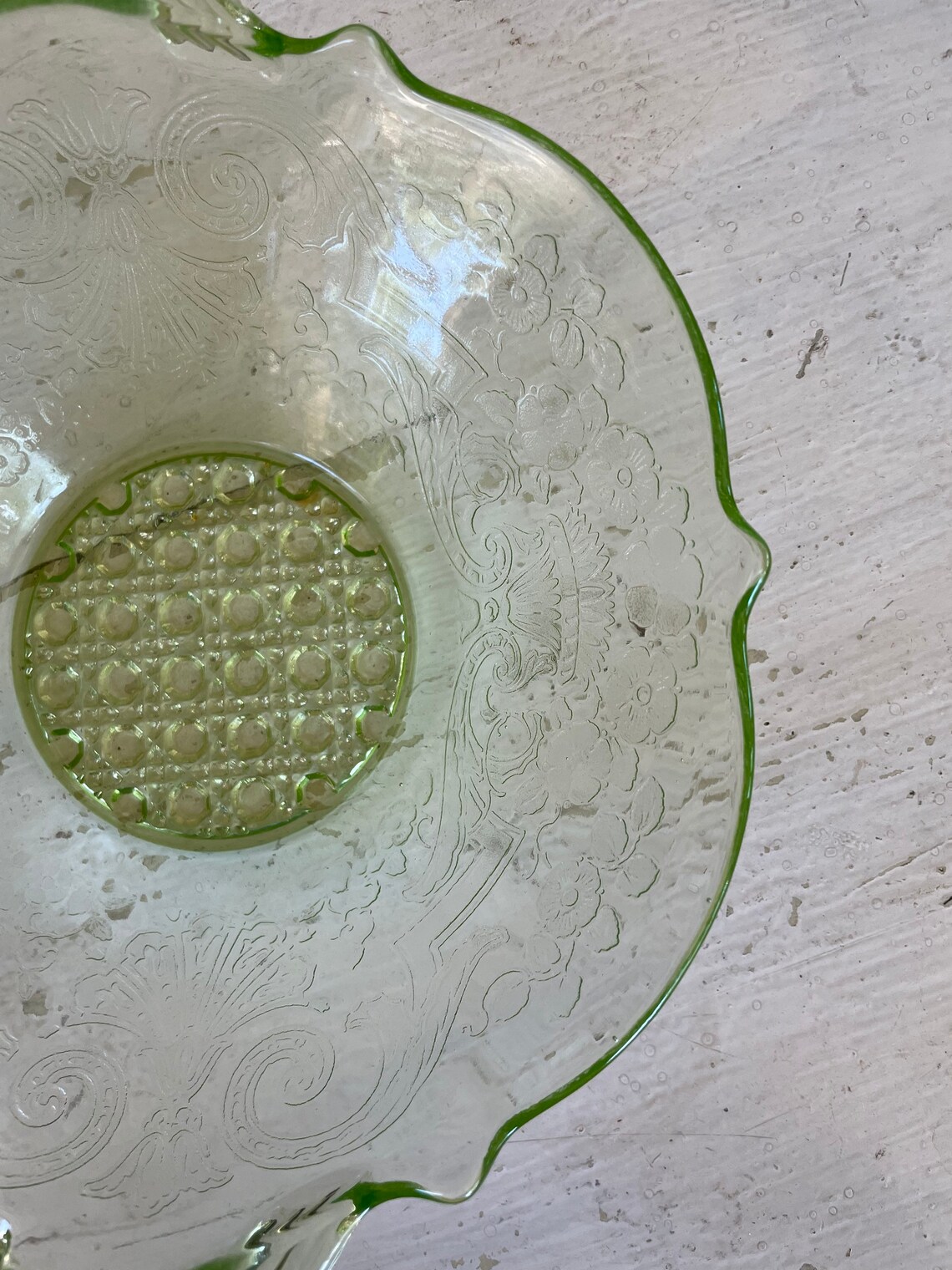 Uranium glass green etched bowl with handles Lancaster Glass | Etsy