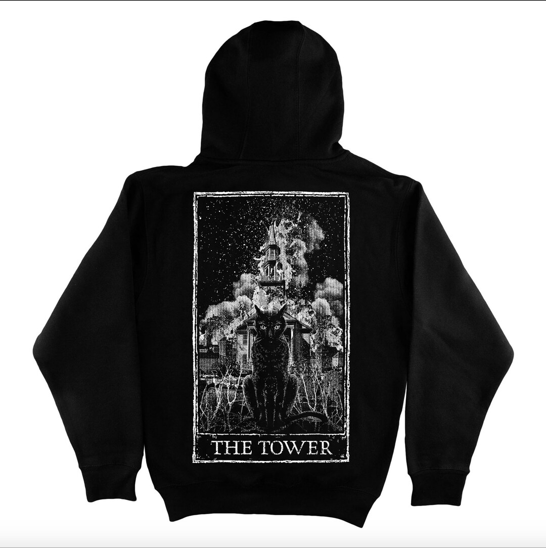 The Tower Tarot Card Hooded Zip Up, Dark Academia Hoodie, Black & White ...