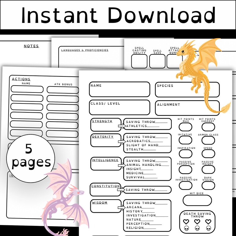 ADHD Dyslexia Friendly RPG Character Sheet, Dragon Game (PDF Download ...