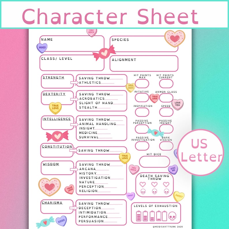 Candy Heart TTRPG Character Sheet, Valentines Day, Hearts and Dragons ...