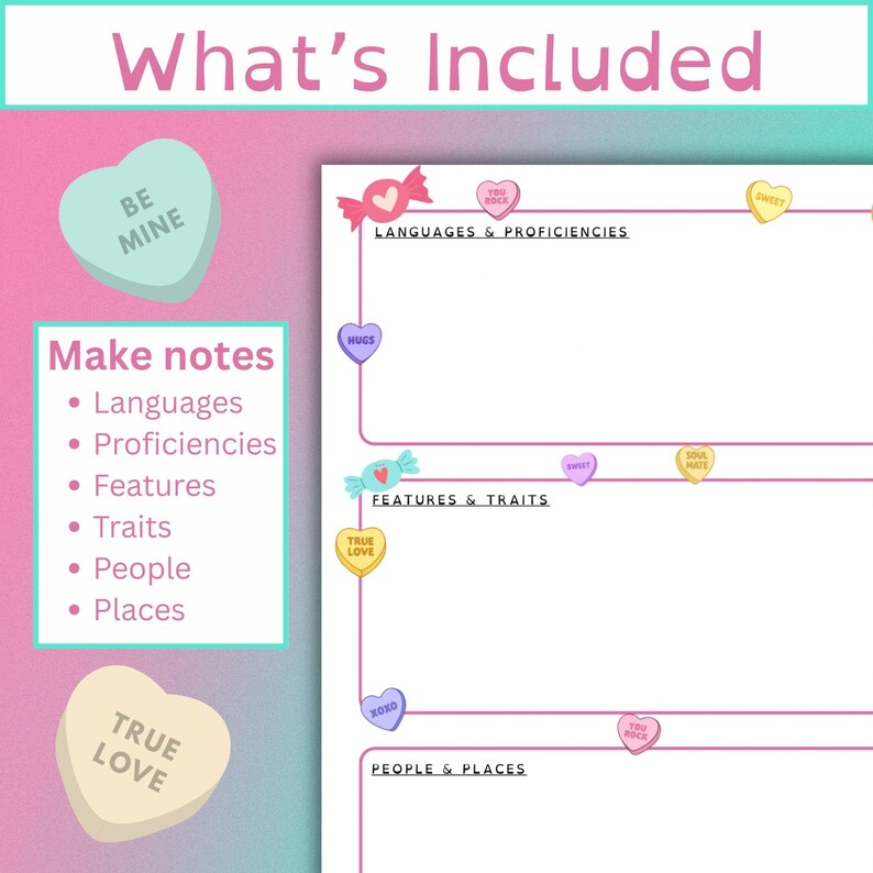 Candy Heart TTRPG Character Sheet, Valentines Day, Hearts and Dragons ...