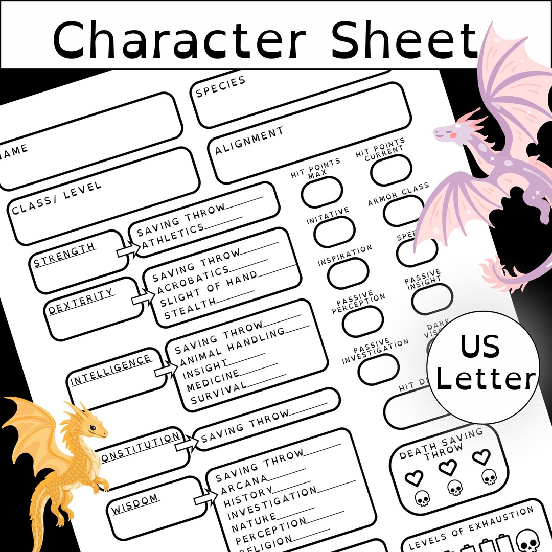 ADHD Dyslexia Friendly RPG Character Sheet, Dragon Game (PDF Download ...