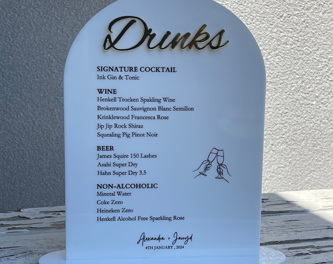 Drinks Menu Sign 3D Menu Drink Sign Acrylic Laser Wedding the Bar ...