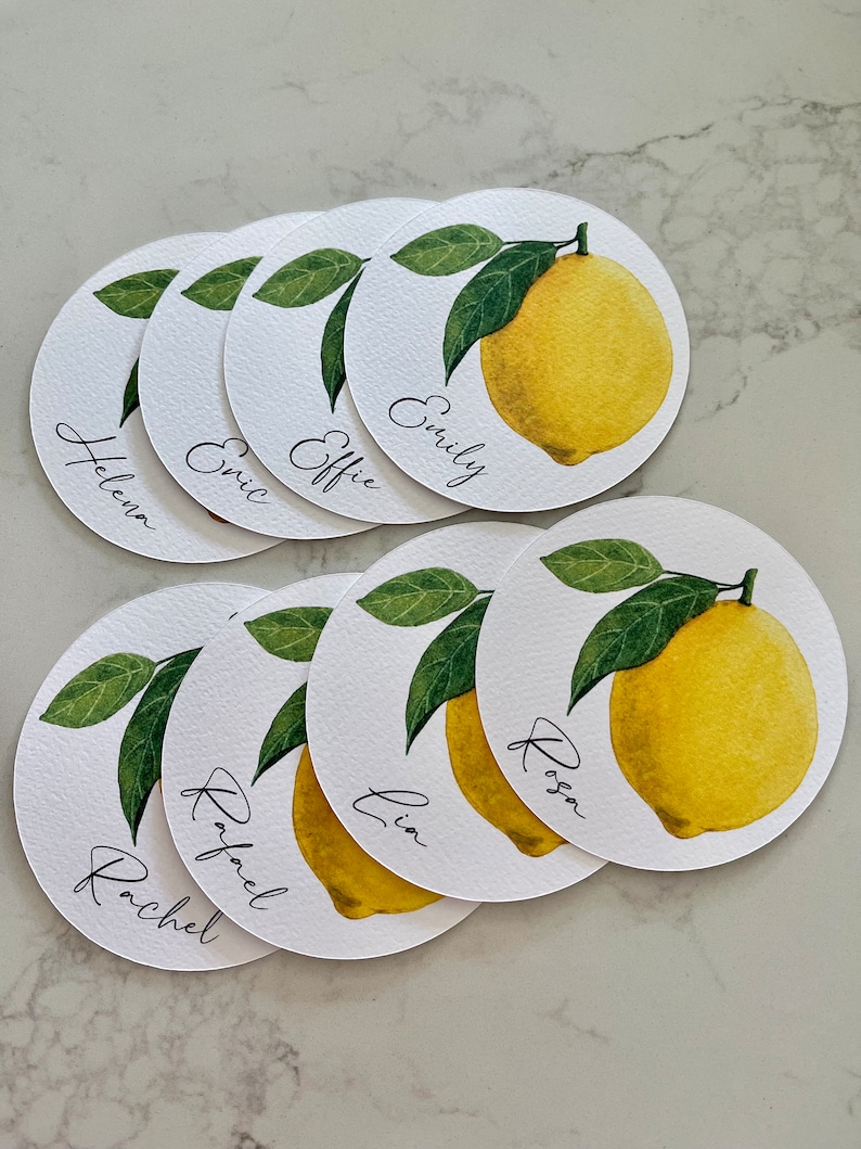 Lemon Name Place Cards Circle Wedding Bridal Baby Shower Birthday Party ...