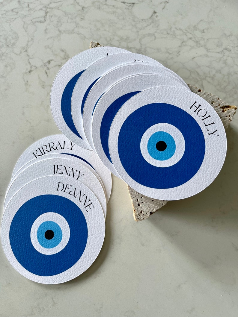 Evil Eye Name Place Cards Circle Wedding Bridal Baby Shower Birthday ...