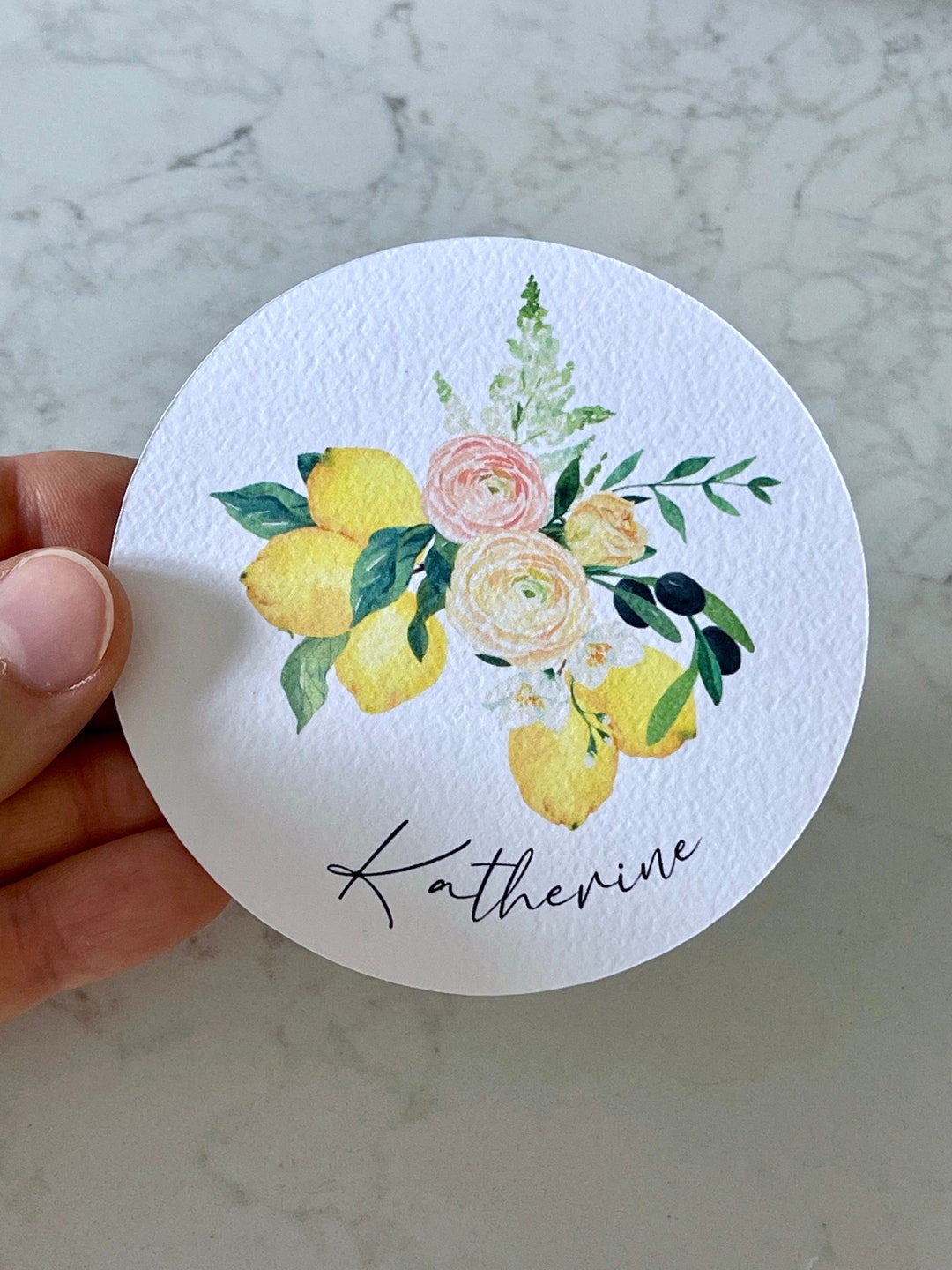 Lemon Name Place Cards + Flowers | Circle | Wedding, Bridal Baby Shower ...