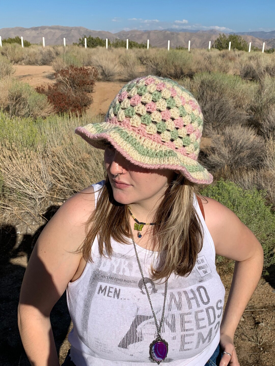 Pink Green and White Cottagecore Crochet Bucket Hat - Etsy
