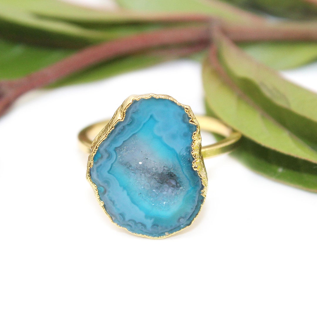 Geode Ring Open Rings, Natural Geode Druzy Gold Plated Adjustable Rings ...