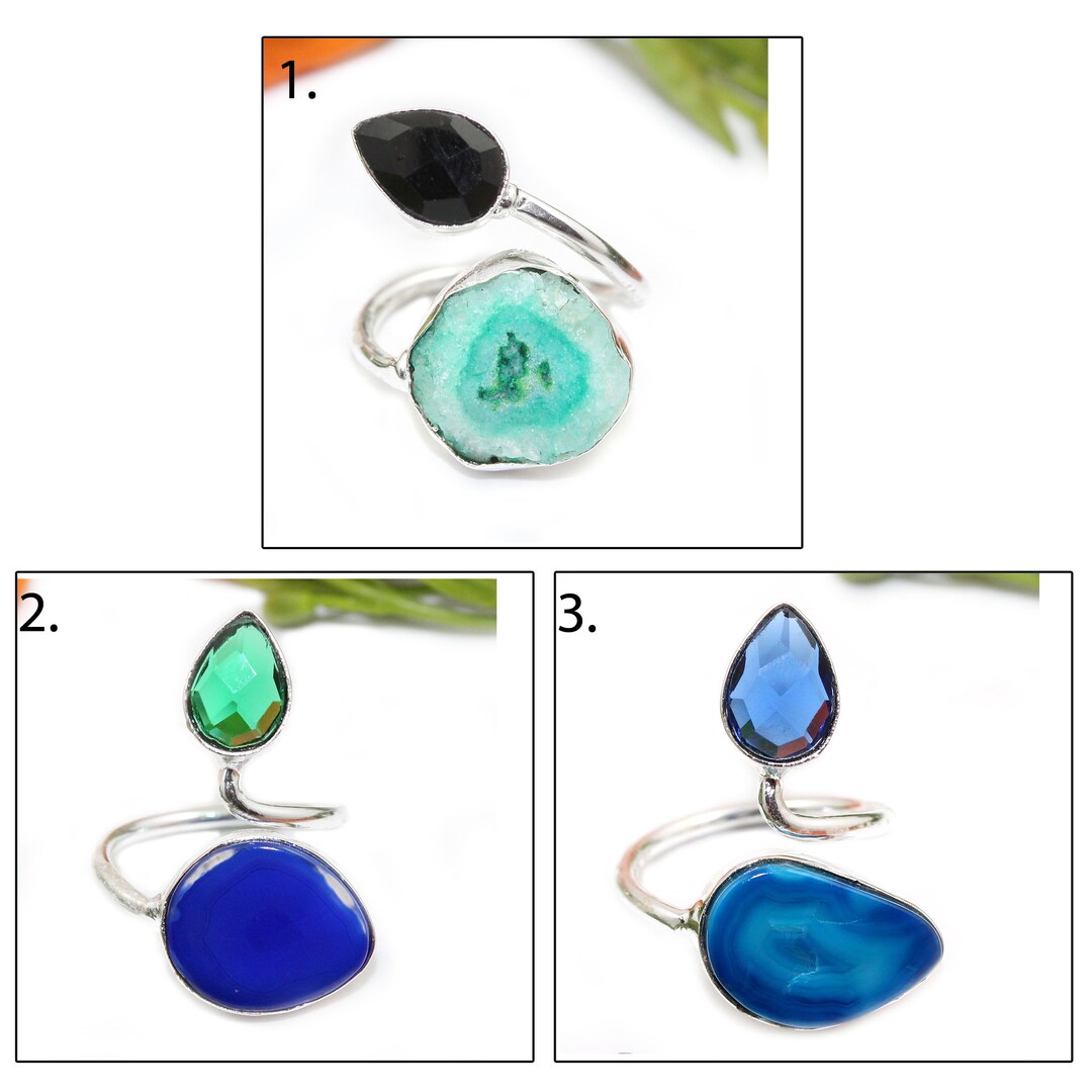 Natural Flower Style Solar Rings, Real Agate Slice Rings, Black Onyx ...