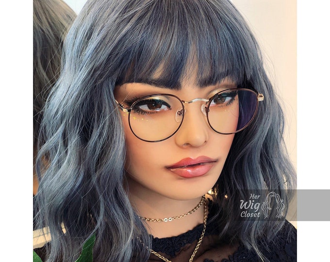 Ash Blue Gray Wavy Wig With Bangs | Her Wig Closet | Stacy - Etsy